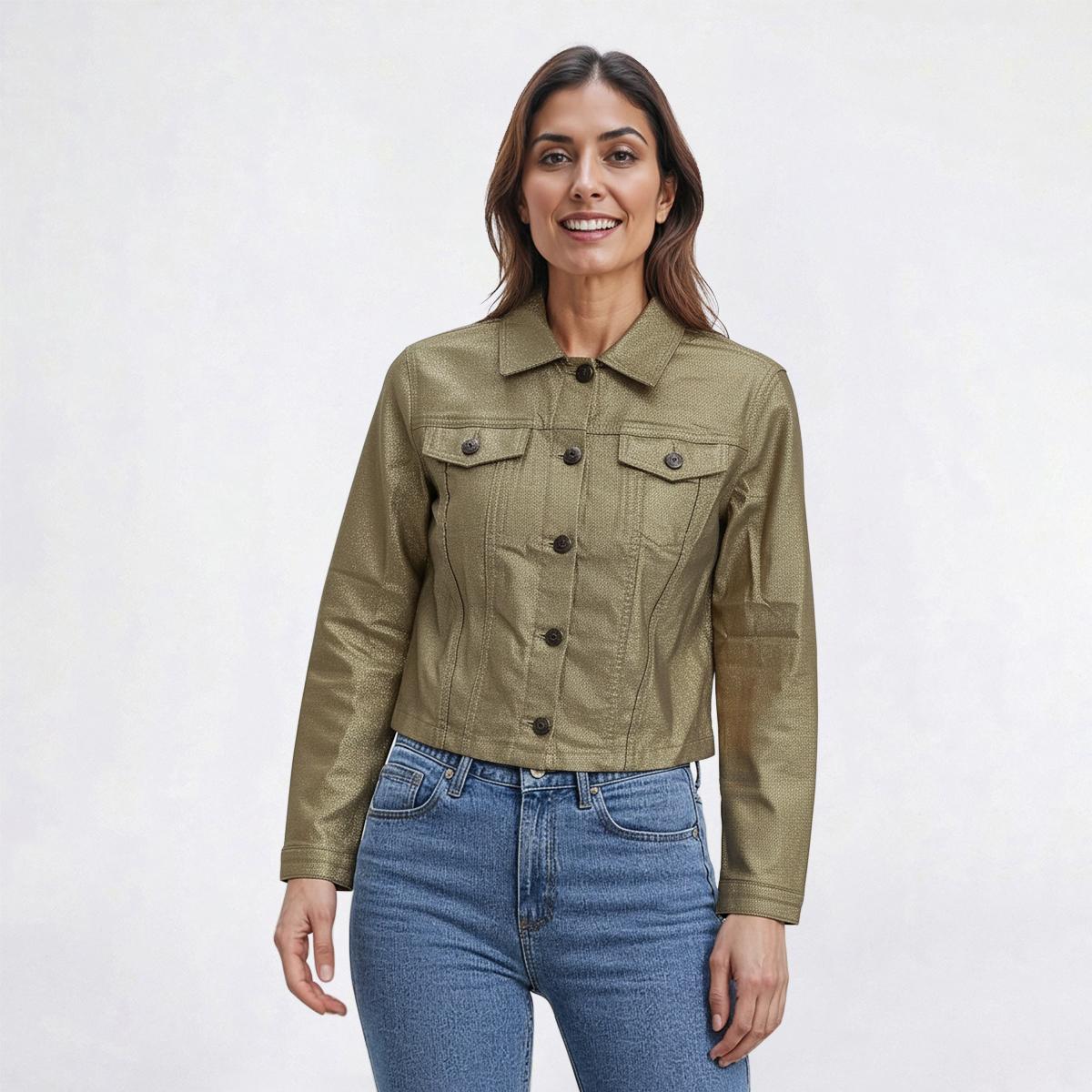 Click here for Womens Tommy Hilfiger Foil Cropped Trucker Jacket prices